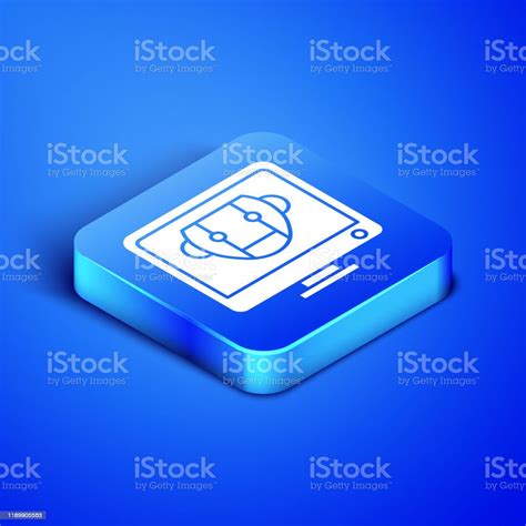 파란색 배경에 격리된 등각 투영 봇 아이콘입니다 컴퓨터 모니터 및 로봇 아이콘 파란색 사각형 버튼입니다 벡터 일러스트레이션