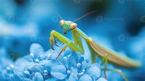 Praying Mantis Perched On Vibrant Blue Flowers In Natural Habitat