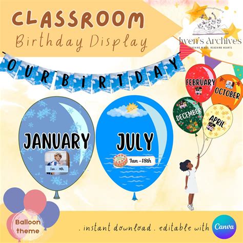 Balloon Theme Classroom Birthday Display Printable Classroom Decor Educational Wall Art