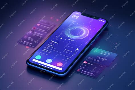 Premium Photo Mobile Development Concept Isometric Smartphone Displaying Futuristic Ui And