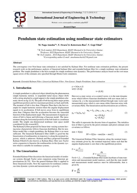 Pdf Pendulum State Estimation Using Nonlinear State Estimators