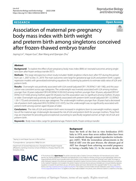 Pdf Association Of Maternal Pre Pregnancy Body Mass Index With Birth Weight And Preterm Birth