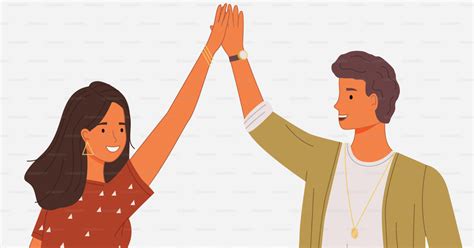 하이파이브를 하는 두 사람 손을 모으고 서 있다 캐주얼한 옷을 입은 남자와 여자가 서로 인사를 나눈다 캐릭터는 5를주고 기뻐합니다 인사하는 동안 행복한 커플 벡터