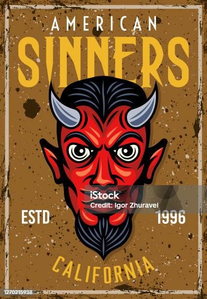 악마 머리와 텍스트 미국 죄인 벡터 장식 일러스트와 빈티지 컬러 포스터 금속에 대한 스톡 벡터 아트 및 기타 이미지 금속 디자인 만화 Istock