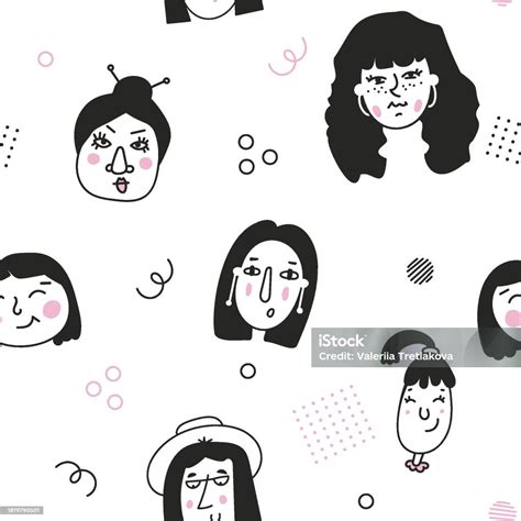 다른 여성 얼굴의 완벽 한 패턴 흰색 배경에 고립 된 아바타 카드 파티 디자인 전단지 포스터 장식 배너 웹 광고에 대 한 벡터 일러스트 레이 션 개념에 대한 스톡 벡터 아트
