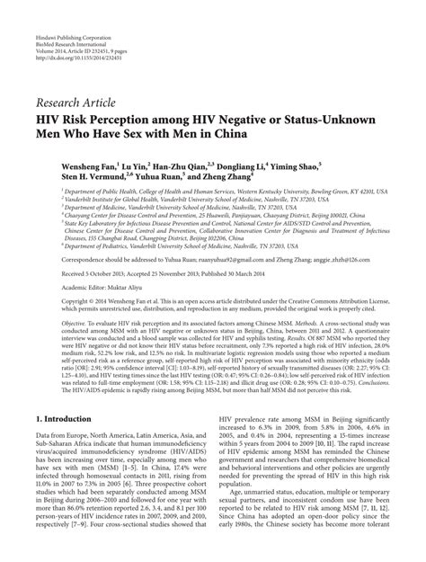 Pdf Hiv Risk Perception Among Hiv Negative Or Status Unknown Men Who Have Sex With Men In China