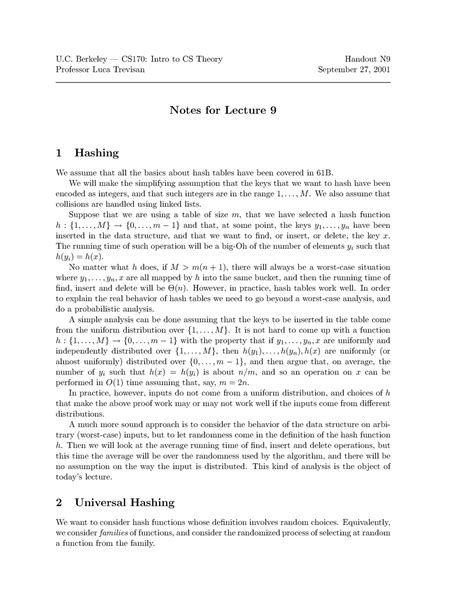 Lecture Notes Lecture 9 Hashing U Berkeley Cs170 Intro To Cs