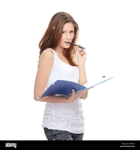 Babe Woman With Note Pad And Pen Isolated On White Background Stock Photo Alamy