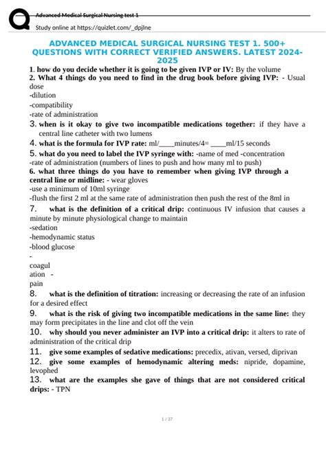 Advanced Medical Surgical Nursing Test 1 500 Questions With Correct Verified Answers Latest