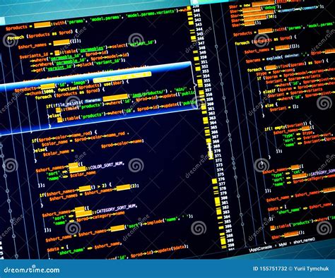 colorful php code on dark blue background in code editor macro stock