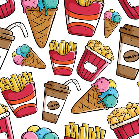 Junk Food Seamless Pattern With Colored Hand Drawing Style On White