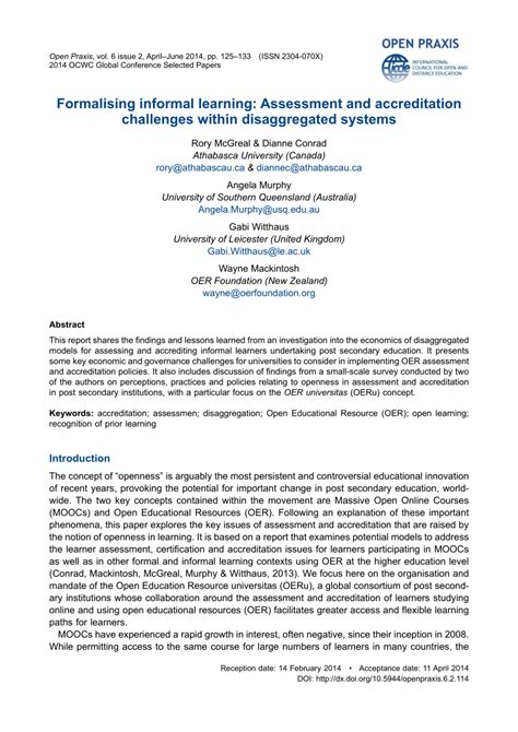 Pdf Formalising Informal Learning Assessment And Accreditation