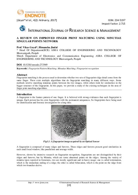 Pdf A Review On Improved Finger Print Matching Using Minutiae