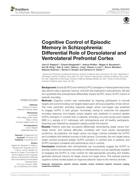 Pdf Cognitive Control Of Episodic Memory In Schizophrenia