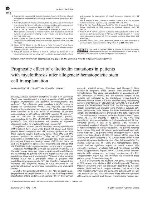 Pdf Prognostic Effect Of Calreticulin Mutations In Patients With Myelofibrosis After