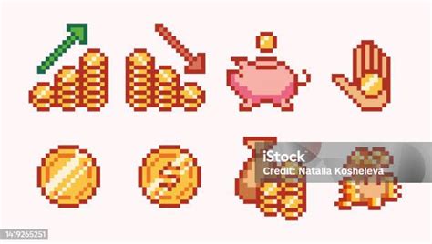 황금 동전 픽셀 아트 세트 메달 보물 보상 돈 수집 스택 8비트 스프라이트 동전에 대한 스톡 벡터 아트 및 기타 이미지 동전 모자이크 처리 픽셀 아트 Istock