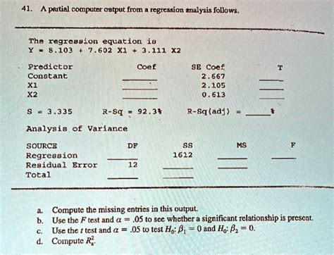 Solved A Partial Computer Output From A Regression Analysis Follows The Regression Equation Is
