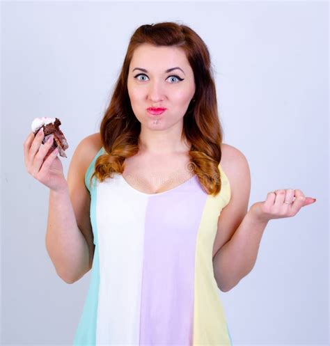 Adult Woman Eating Cupcake On White Background Stock Image Image Of