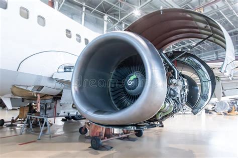 Close Up Of An Open High Bypass Turbofan Aircraft Engine Of A Passenger