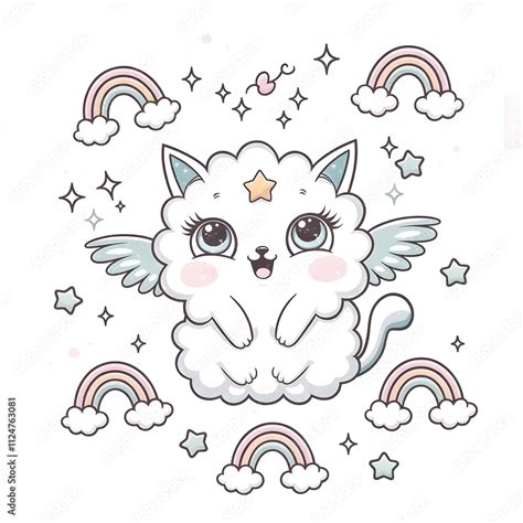 Illustration Of A Cute Cloud Cat With Tiny Wings And A Star Surrounded