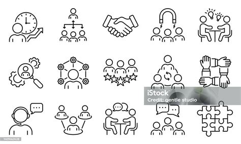 그룹 팀 네트워크 회선 아이콘 세트 커뮤니티 비즈니스 사람들은 선형 픽토그램 컬렉션을 처리합니다 시간 관리 서비스 관리 개요 아이콘입니다 편집 가능한 스트로크 격리된 벡터