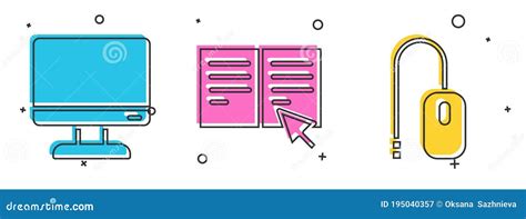 Set Computer Monitor Screen Online Book And Computer Mouse Icon