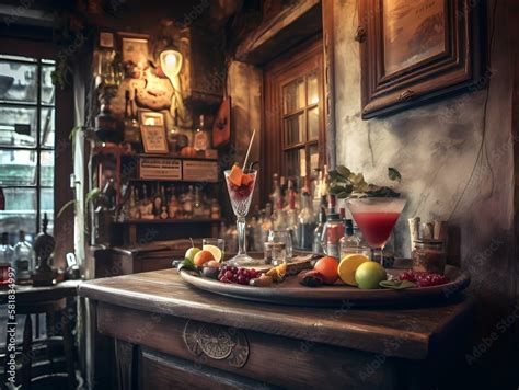 Cocktail On A Rustic Wooden Table In A Bustling Bar The Drink Is An Artful Blend Of Colors And