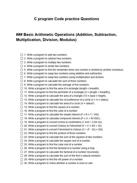 C Program Code Practice Questions Pdf Area Numbers