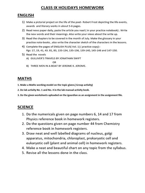 Holidays Homework Class 9 201920 Pdf Cell Biology Cell Anatomy