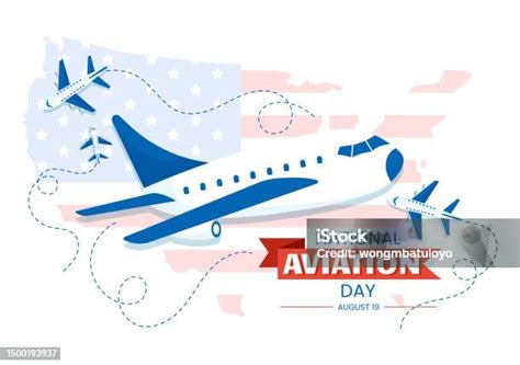 하늘색 배경이 있는 비행기 또는 플랫 만화 손으로 그린 템플릿에 미국 국기가 있는 비행기의 내셔널 항공의 날 벡터 일러스트레이션