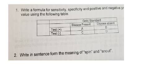Solved 1 Write A Formula For Sensitivity Specificity And
