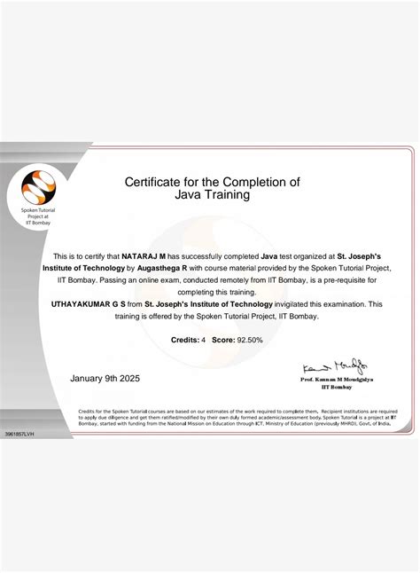 I Am Thrilled To Have Successfully Completed The Java Training Organized Nataraj Mohan