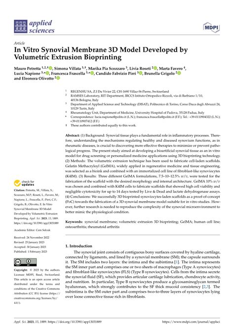 pdf in vitro synovial membrane 3d model developed by volumetric