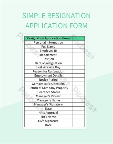 Simple Resignation Application Form Excel Template Free Download Pikbest