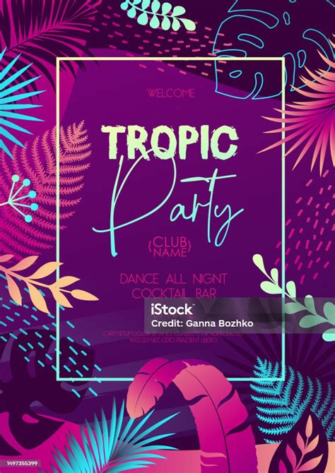 형광 열대 잎이 있는 화려한 여름 디스코 파티 포스터 여름 배경입니다 벡터 그림 계절에 대한 스톡 벡터 아트 및 기타 이미지 계절 공휴일 그라데이션 Istock