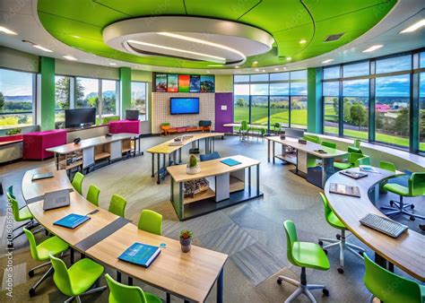 Modern Classroom Design With Curved Desks And Advanced Technology For Innovative Learning