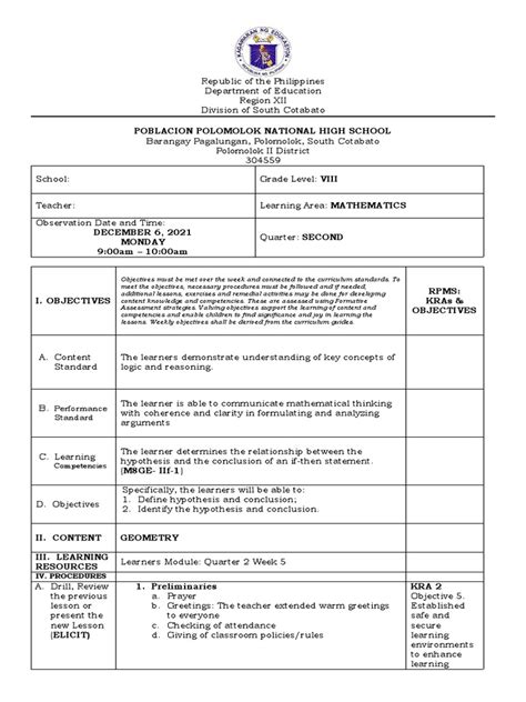 Math 8 Lesson Plan Download Free Pdf Learning Teachers