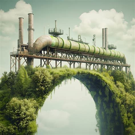 Industrial Factory On Lush Green Arch Bridge Nature Scene Digital Art