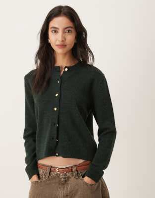 Mango Round Neck Cardigan With Gold Buttons In Forest Green Asos