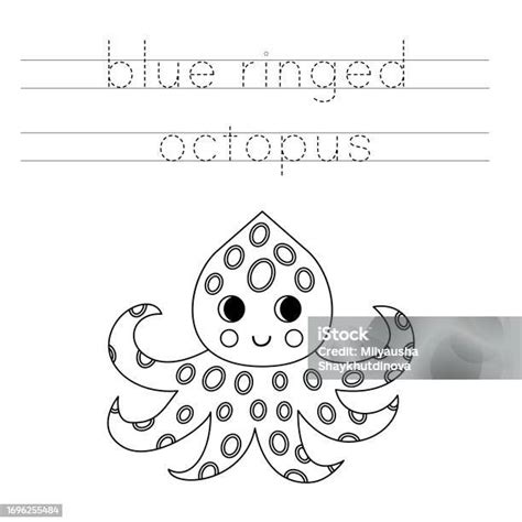 글자를 추적하고 만화 파란색 고리 문어를 색칠하십시오 아이들을 위한 필기 연습 0명에 대한 스톡 벡터 아트 및 기타 이미지