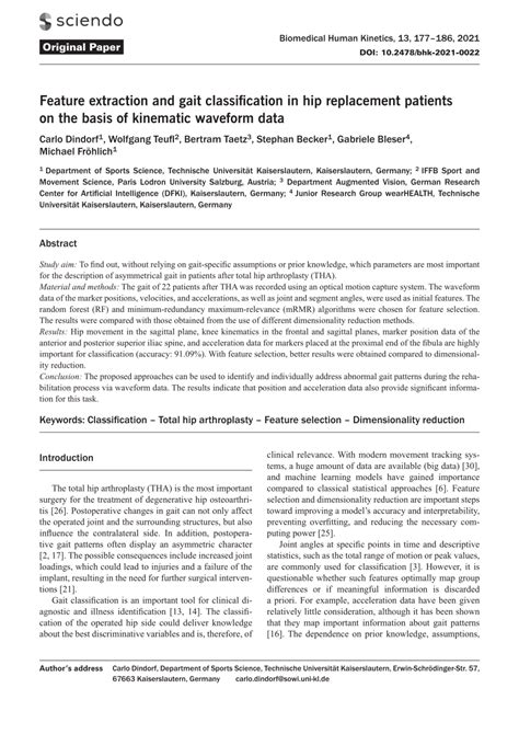 Pdf Feature Extraction And Gait Classification In Hip Replacement