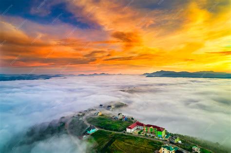 Premium Photo Aerial View Of The Town Mist In The Sunrise Sky Is