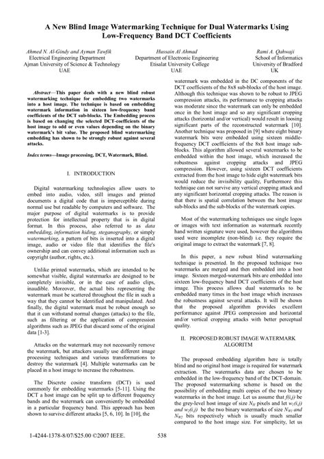 Pdf A New Blind Image Watermarking Technique For Dual Watermarks Using Low Frequency Band Dct
