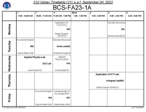 Centralized Timetable Class Wise V2 Application Of Ict2 Hrs Syeda