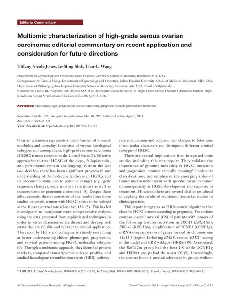 Pdf Multiomic Characterization Of High Grade Serous Ovarian Carcinoma Editorial Commentary On