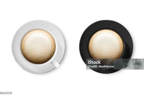 현실적인 벡터 3d 광택 빈 흰색과 검은 색 커피 컵 이나 찻잔 아이콘 흰색 배경에 고립 된 카푸치노 근접 촬영으로 설정 합니다
