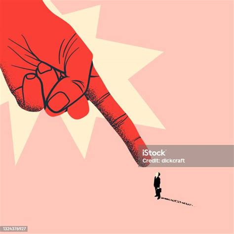 거대한 빨간 보스 손보스와 보스와 직원 또는 화가 상사 개념은 점원에 손가락을 가리킵니다 직원 일자리 감소 또는 해고 개념 벡터 일러스트레이션 편견에 대한 스톡 벡터 아트