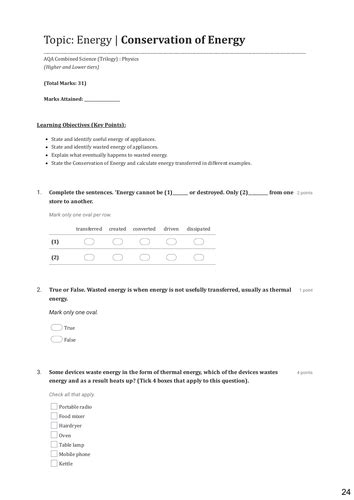 Aqa Gcse Physics Topic Energy Self Assessment Revision Questions [for 2023 Exam Onwards
