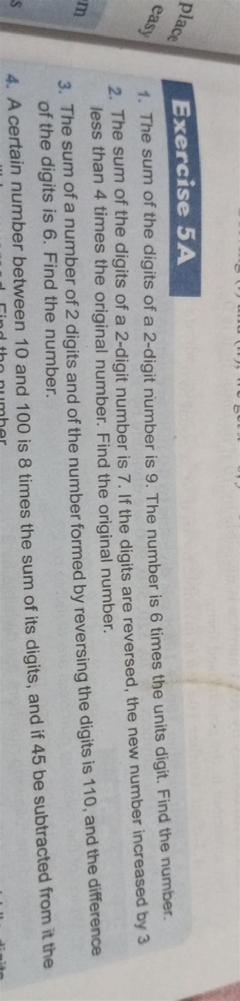 exercise 5a1 the sum of the digits of a 2 digit number is 9 the numb