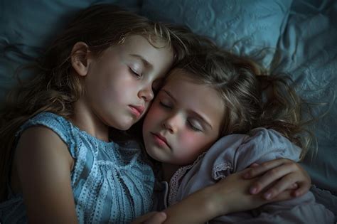 Two Young Sisters Peacefully Asleep Side By Side On A Comfortable Bed A